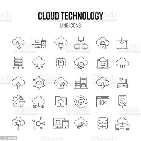 클라우드 기술 라인 아이콘 세트입니다 데이터베이스 트래픽 다운로드 업로드 클라우드 컴퓨팅 아이콘에 대한 스톡 벡터 아트 및 기타