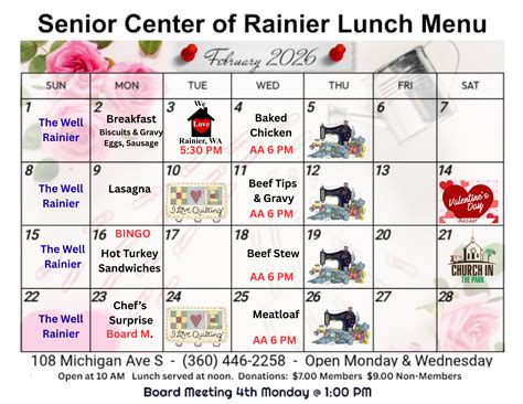 Senior Center Of Rainier News February 2026 Lunch Menu