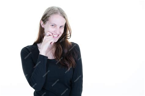 Premium Photo Beautiful Shy Woman Smiling Timid Hand On Chin Bites