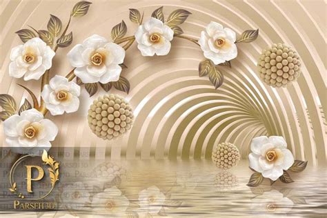 پارسه کاغذ و پوستر دیواری 3d شاخه گل های مصنوعی سفید با توپک های طلایی در زمینه تونل طلایی و آب