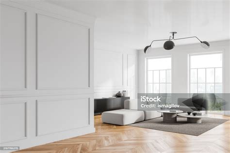 소파와 서랍이 있는 고급 숙소 거실 인테리어 파노라마 창문 0명에 대한 스톡 사진 및 기타 이미지 0명 3차원 형태 가정 생활 Istock