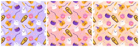 할로윈 이음새가 없는 패턴 디자인 세트 마녀 유령의 집 호박 또는 박쥐 템플릿 손으로 그린 만화 플랫 일러스트 레이 션 거미에