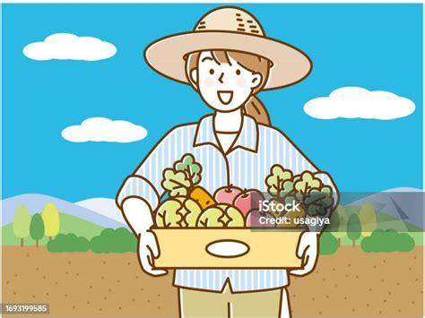 밀짚모자를 쓰고 야채 상자를 들고 있는 젊은 여자 여자에 대한 스톡 벡터 아트 및 기타 이미지 여자 농부 농장 Istock