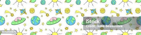 벡터 색상은 귀여운 외계인 행성 별 비행 접시 Ufo와 함께 원활한 유치한 패턴입니다 재미 있은 색 배경 아이들 디자인 포장 벽지 섬유 의류에 대한 질감 0명에 대한 스톡