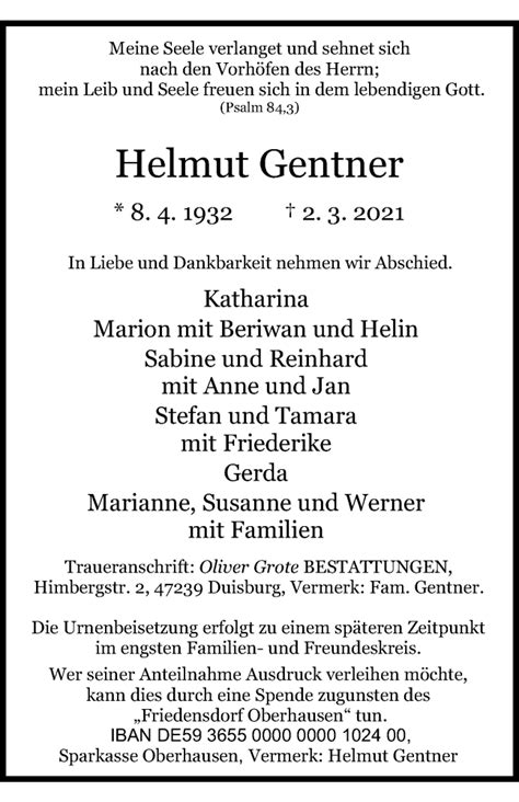 Traueranzeigen Von Helmut Gentner Trauer In Nrw De
