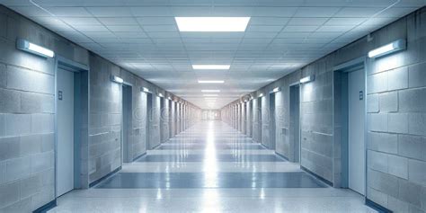 Corridor Extends Into Distance Illuminated By Bright Light Fluorescent Lighting On Ceiling Of