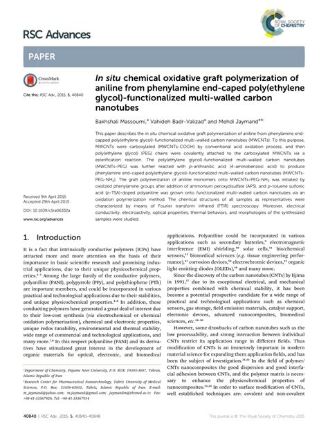 Pdf In Situ Chemical Oxidative Graft Polymerization Of Aniline From Phenylamine End Caped Poly