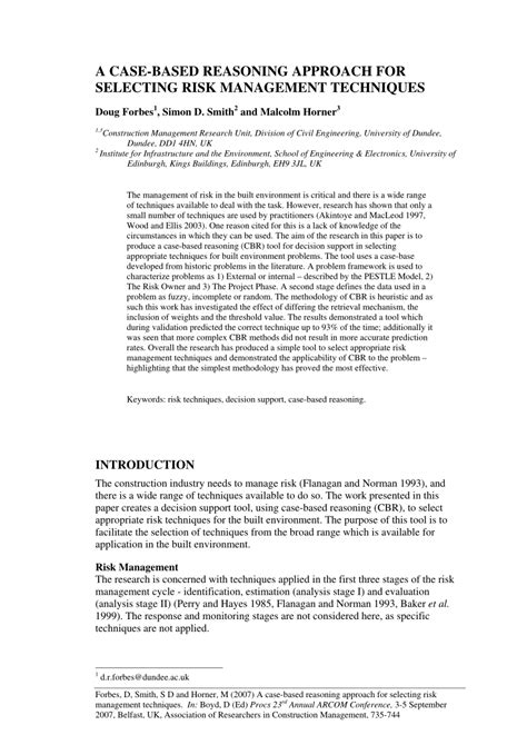 Pdf A Case Based Reasoning Approach For Selecting Risk Management