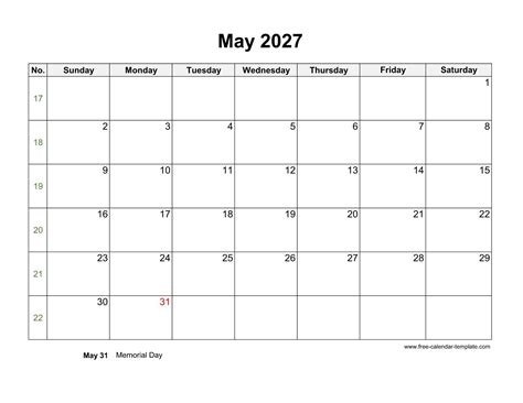 Free 2027 Calendar Blank May Template Horizontal Free Calendar