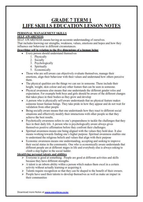 Grade 7 Life Skills Lesson Notes Term 1 Elimu Cloud Notes Exams
