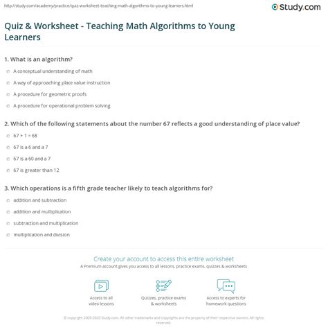 Quiz And Worksheet Teaching Math Algorithms To Young Learners