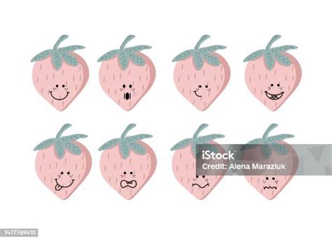 다른 감정을 가진 아름다운 딸기 재미있는 열매 스티커 세트 디자인 요소의 밝은 장식 세트입니다 모든 객체가 분리됩니다 손으로 그렸습니다 벡터 그림입니다 감정에 대한 스톡