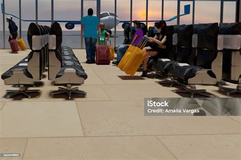 렌더 3d 승무원이 기내 반입 가방을 들고 탑승하기 위해 걸어가고 한부모 다민족 가족이 일몰과 팬데믹 시기에 여행할 비행기의 전망을 즐기는 대기실을 걷습니다 3차원 형태에