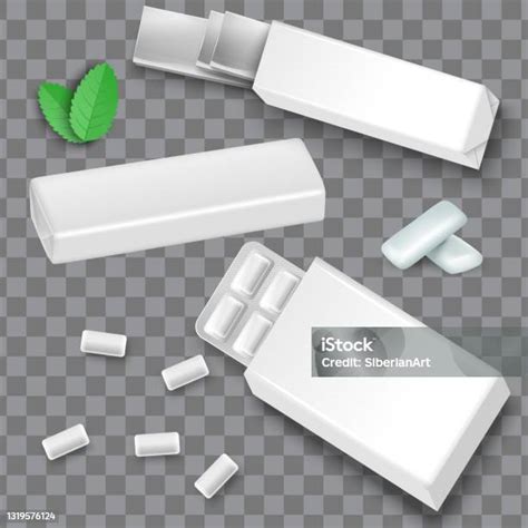 흰색 빈 풍선 껌 패키지 모형 세트 녹색 민트 잎 떨어지는 풍선 껌 벡터 고립 된 일러스트 3차원 형태에 대한 스톡 벡터 아트 및 기타 이미지 Istock