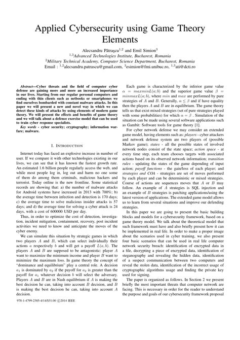Pdf Applied Cybersecurity Using Game Theory Elements