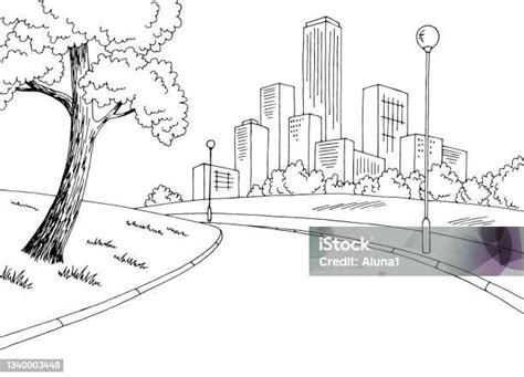 스트리트 로드 그래픽 블랙 화이트 시티 풍경 스케치 일러스트 벡터 라인아트에 대한 스톡 벡터 아트 및 기타 이미지 라인아트 공원 단순함 Istock