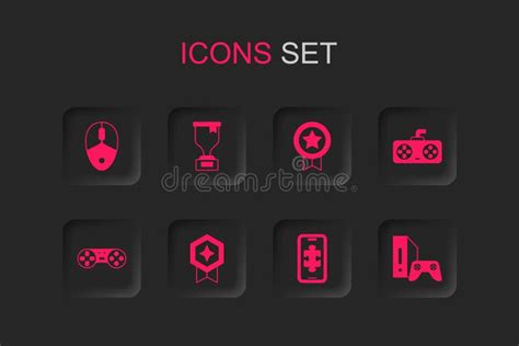 Set Game Rating With Medal Award Cup Computer Mouse Mobile Gaming Controller Or Joystick