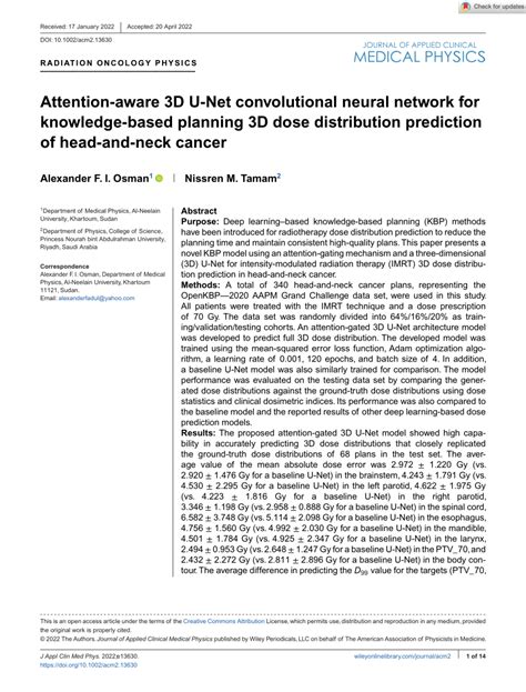 Pdf Attention Aware 3d U Net Convolutional Neural Network For Knowledge‐based Planning 3d Dose