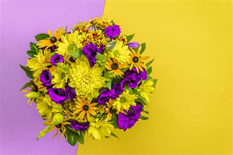투 톤 옐로우 라일락 배경에 세련된 화려한 아름다운 봄 꽃다발 밝은 신선한 보라색과 노란색 꽃입니다 생일에 휴일 장식 구성 인사말 카드 복사 공간 0명에 대한 스톡 사진 및