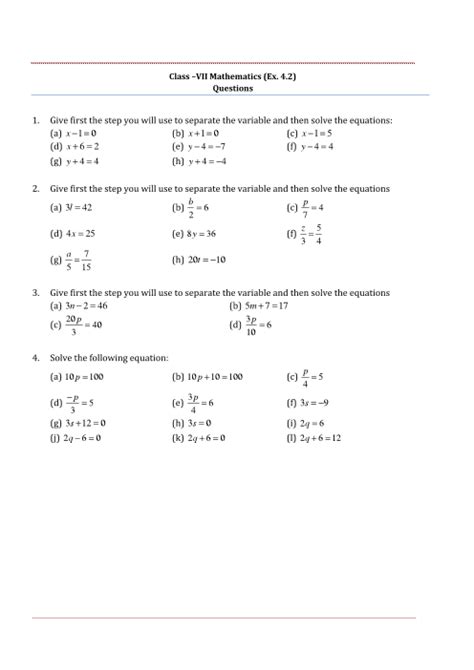 Linear Equations For Class Cbse Worksheets Tessshebaylo