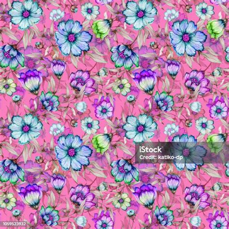 분홍색 배경에 잎으로 아름 다운 화려한 코스모스 꽃 완벽 한 꽃 패턴입니다 수채화 그림입니다 손으로 그린 식물 그림 개화기에 대한 스톡 벡터 아트 및 기타 이미지 Istock