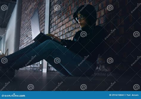 Hacker Woman In Dark Room With Laptop And Information Technology Phishing And Cyber Crime With