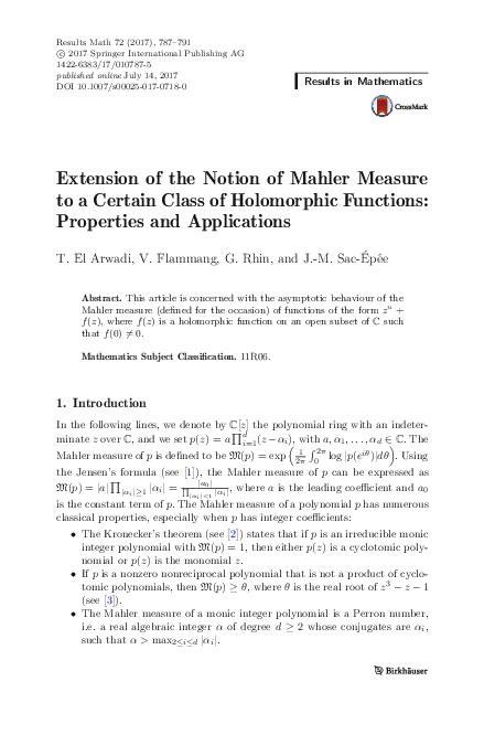 Pdf Extension Of The Notion Of Mahler Measure To A Certain Class Of Holomorphic Functions