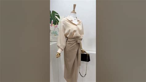 더숑 베이지 카라 셔츠 랩스커트 투피스 세트 셔츠 블라우스랩 스커트 코디룩 코디세트 데일리룩 데이트룩 오피스룩