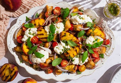 Cherry Tomato Grilled Peach And Stracciatella Salad Heinens
