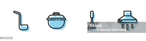 세트 라인 주걱 주방 국자 요리 냄비와 추출기 팬 아이콘 벡터 가정 주방에 대한 스톡 벡터 아트 및 기타 이미지 가정 주방