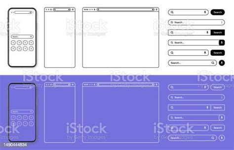 스마트폰 웹 브라우저 도구 모음과 검색 창 필드가 있는 인터넷 페이지 창 플랫 스타일 라인 아트의 현대적인 웹 사이트 컴퓨터 태블릿 및 스마트폰을 위한 빈 브라우저 모형