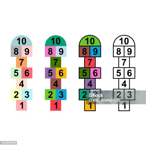 Hopscotch 야외 아이콘 재미 놀이 점프 활성 게임 아이 거리 벡터 일러스트 레이 션 세트 돌차기놀이에 대한 스톡 벡터 아트 및 기타 이미지 Istock