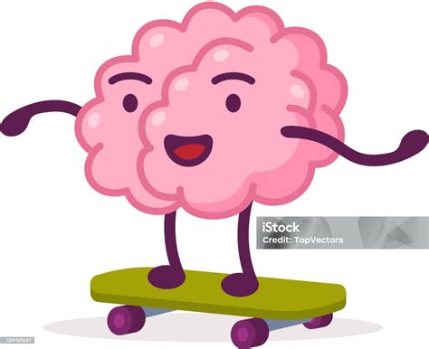흰색 배경에 핑크 뇌 승마 스케이트 보드 재미 인간 신경계 장기 만화 캐릭터 벡터 일러스트 과학에 대한 스톡 벡터 아트 및 기타 이미지 Istock