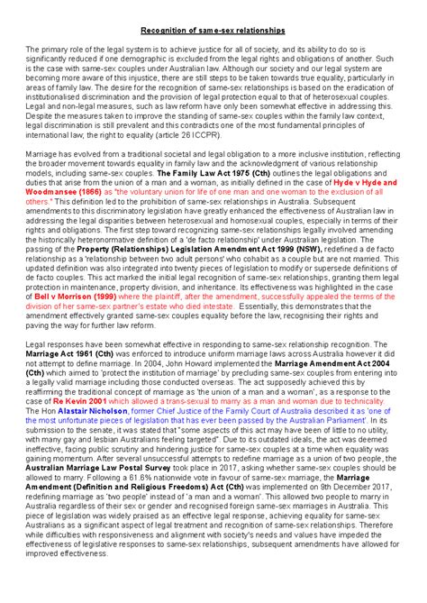 Recognition Of Same Sex Relationships Such Is The Case With Same Sex Couples Under Australian