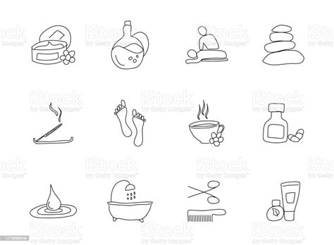 흰색 배경에 격리 된 아름다움과 스파 손 그린 선형 벡터 아이콘 웹 및 Ui 디자인 모바일 앱 및 인쇄 제품을 위한 뷰티 및 스파 낙서 아이콘 세트 웰빙에 대한 스톡 벡터