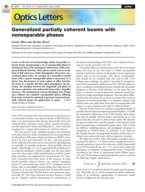 Pdf Generalized Partially Coherent Beams With Nonseparable Phases