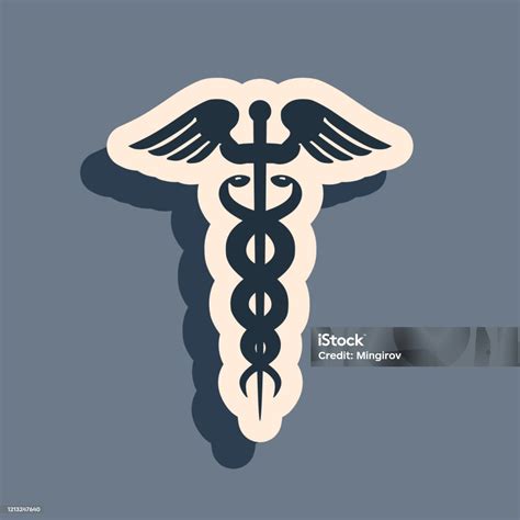 회색 배경에 격리 된 블랙 Caduceus 의료 기호 아이콘입니다 의학 및 건강 관리 개념 약국 이나 의약품 약국 뱀 기호에 대 한 엠블럼 긴 그림자 스타일입니다 벡터