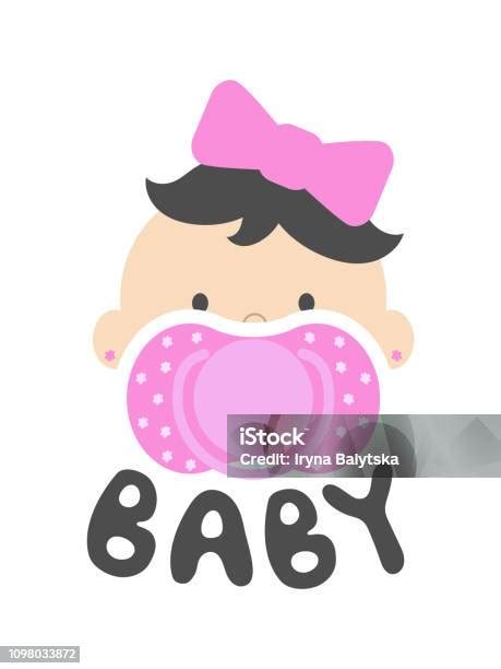 아기 표시 또는 흰색 바탕에 분홍색 젖꼭지와 여자 아이 얼굴 상징 벡터 저장소 스티커입니다 정보 배너 또는 포스터 인쇄입니다 귀여운 어린이 로고 또는 상표 로고에 대한 스톡