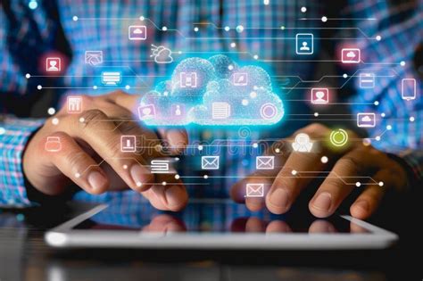Person Interacting With Futuristic Cloud Interface Surrounded By Digital Icons Stock