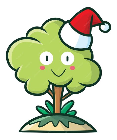 Premium Vector Cute Tree Cartoon Character Wearing Santas Hat