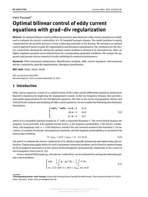 Pdf Optimal Bilinear Control Of Eddy Current Equations With Graddiv