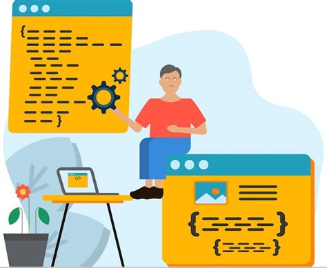 Premium Vector A Man Sits In Front Of A Computer Screen That Says Code On It