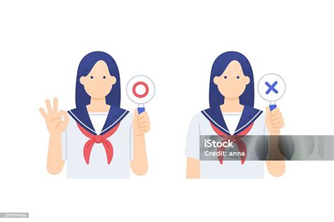 여름 선원 유니폼을 입은 여학생의 상체 벡터 일러스트 레이 션은 O와 X 표지판을 들고 있습니다 16 17 살에 대한 스톡 벡터 아트 및 기타 이미지 Istock