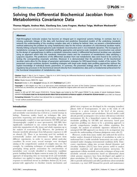 Pdf Solving The Differential Biochemical Jacobian From Metabolomics Covariance Data Pdf Solving The Differential Biochemical Jacobian From Metabolomics Covariance Data