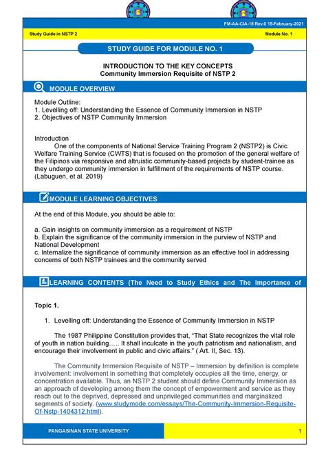 Nstp 2 Study Guide Unit1 National Service Training Program 1 Pangsu