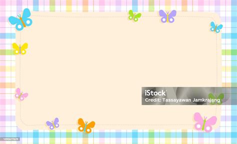 귀여운 장식 요소 레인보우 파스텔 아름다운 나비 곤충 격자 무늬 깅엄 패턴 종이 배경 프레임 테두리 빈 메모 벡터 일러스트레이션 편집 가능한 스트로크 0명에 대한 스톡 벡터