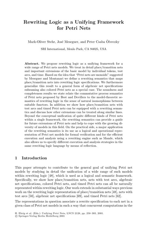 Pdf Rewriting Logic As A Unifying Framework For Petri Nets