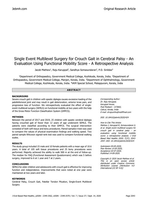 Pdf Single Event Multilevel Surgery For Crouch Gait In Cerebral Palsy An Evaluation Using