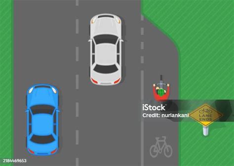 안전 운전 요령 및 교통 법규 미국 자전거 도로 끝 표지판 지역 자전거 타는 사람과 교통 흐름의 평면도 벡터 일러스트 레이 션 거리에 대한 스톡 벡터 아트 및 기타 이미지