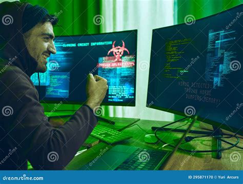 Cybersecurity Crime And Happy Man Programming In Neon Office With Code Fraud And Hacking With